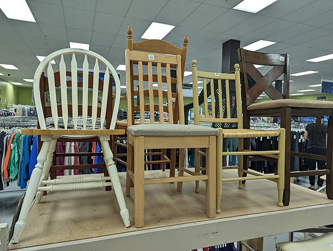 Chair affair! This wooden ensemble showcases the diverse seating options waiting to be discovered, from farmhouse chic to mid-century modern.
