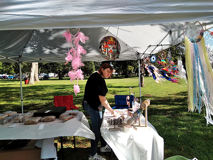 Local artisans display their handcrafted treasures at Cherryvale's community gatherings, where dreamcatchers dance in the breeze and homemade goods await discovery.