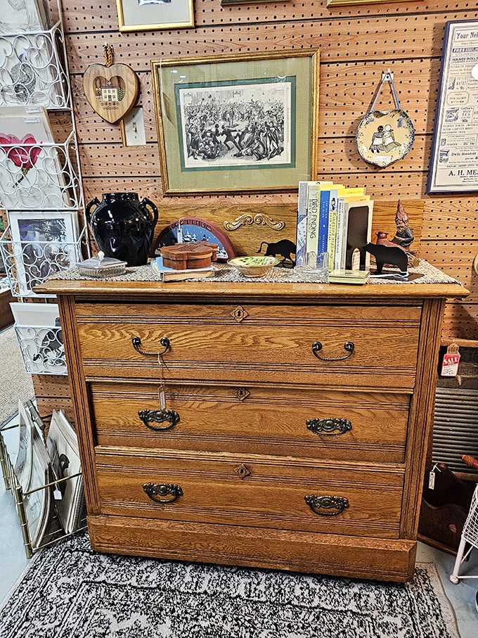 This oak dresser isn't just furniture; it's craftsmanship from an era when things were built to outlast their makers, not just the warranty period.