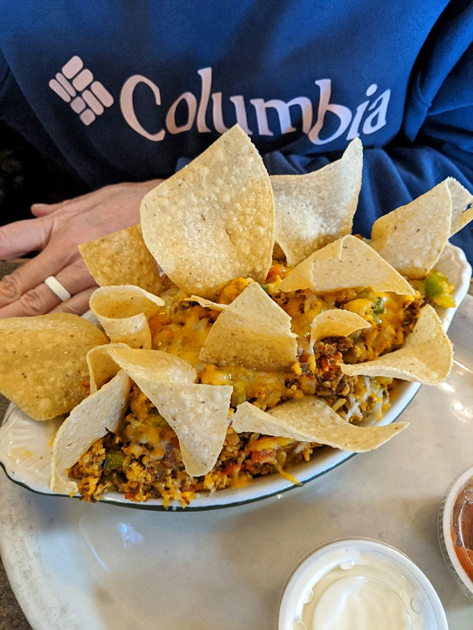 Chilaquillas that bring a welcome southwestern warmth to chilly Wyoming mornings. Those tortilla chips aren't just garnish&mdash;they're essential equipment.