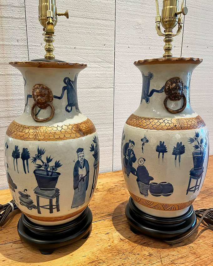 These porcelain vase lamps tell stories of distant lands while illuminating yours. The blue and white patterns practically sing across centuries. 