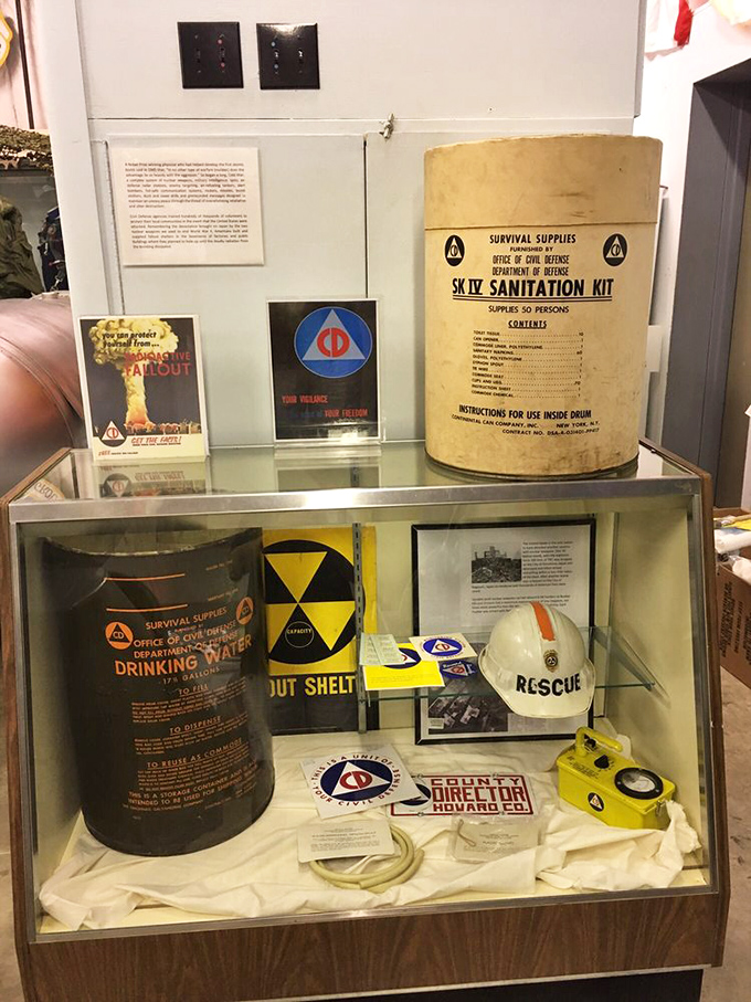 Cold War anxiety captured in a display case. These civil defense supplies were America's "just in case" plan when nuclear tensions ran high.