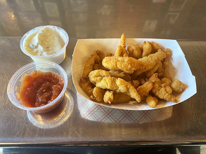 Tender clam strips with dipping sauces that make you wonder why you don't eat seafood for every meal.