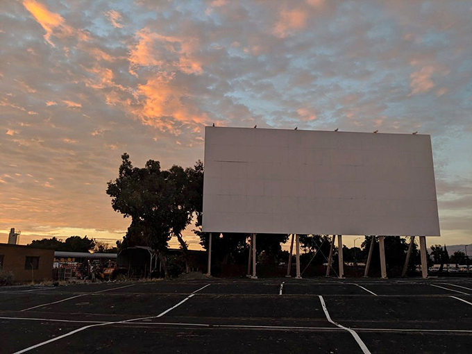 The golden hour bathes the empty screen in possibility&mdash;soon to be filled with car chases, love stories, or superheroes saving the day.