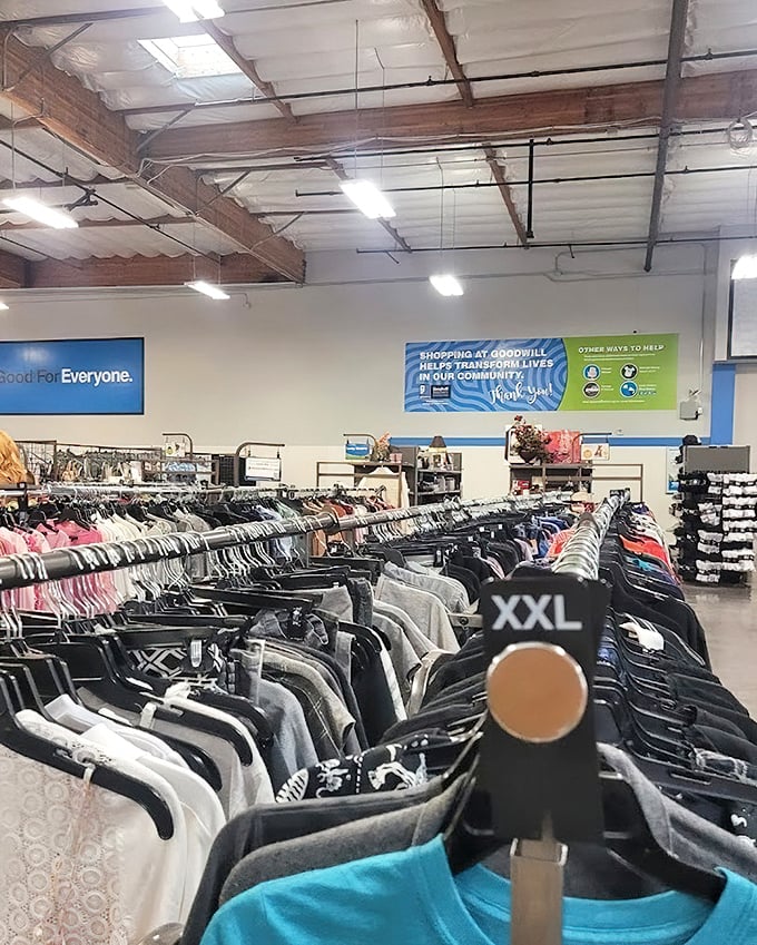 The clothing section stretches to infinity, a textile galaxy where that perfect jacket or designer gem might be hiding in plain sight.