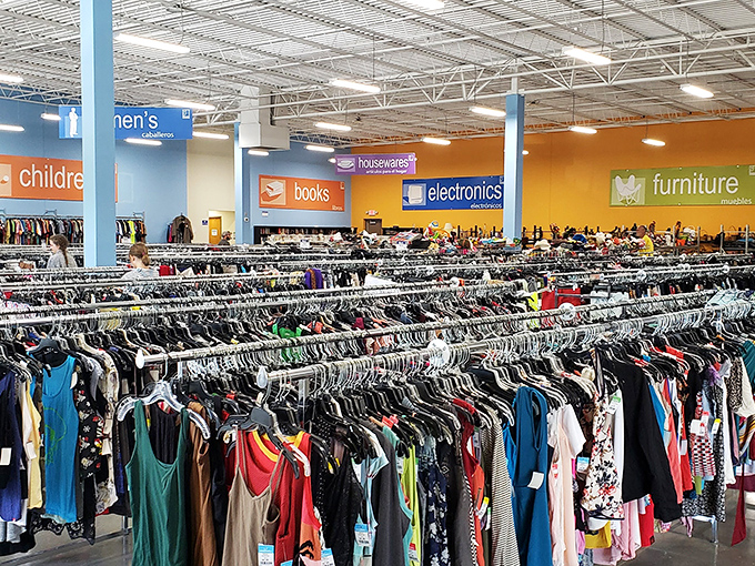 The traditional Goodwill experience &ndash; where organization reigns supreme compared to its wilder outlet cousin. Clothing racks stretch toward retail infinity.