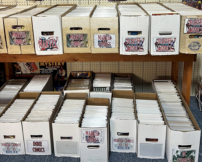 Marvel at the comic collection! Superheroes and storylines preserved in cardboard boxes&mdash;childhood adventures waiting for their next reader.