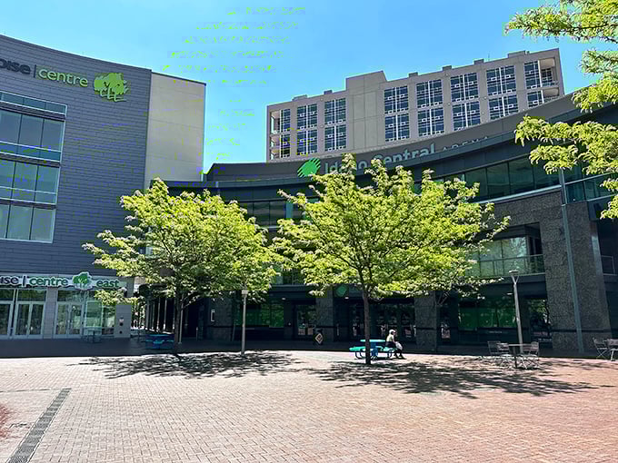 The Boise Centre plaza offers a moment of architectural appreciation before diving back into the sensory overload of market treasures.