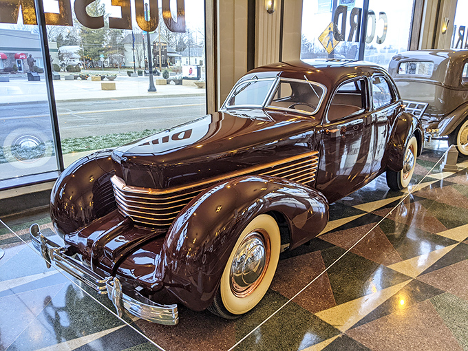 The chocolate-brown Cord 810 with its "coffin nose" front end still looks futuristic today. Imagine how minds were blown when this rolled out in the 1930s.