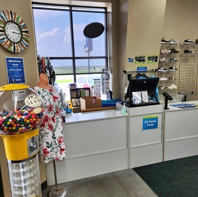 The checkout counter: final gateway between treasure hunters and their newfound prizes. That gumball machine adds a touch of nostalgic whimsy.