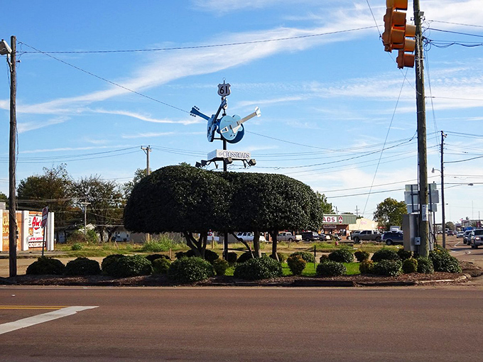 The Crossroads guitar monument marks the spot where, legend says, Robert Johnson traded his soul for musical genius – the original high-stakes career move.