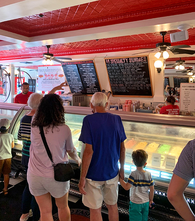 Three generations wait patiently because good ice cream, like fine wine, is worth the anticipation.