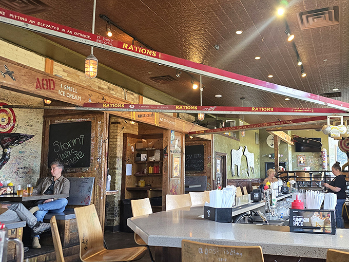 "Rations" tape and wartime aesthetics create a bunker of deliciousness where the only battle is deciding what to order next.