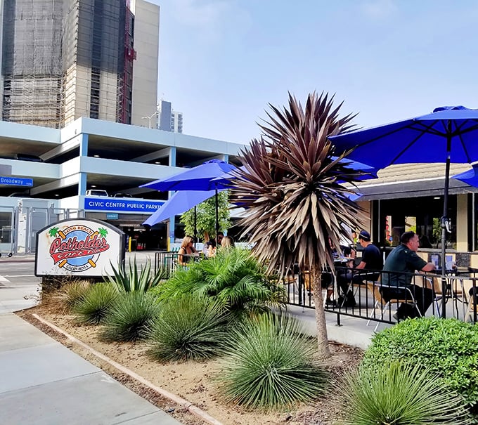 Palm trees and patio seating&mdash;because in California, even your breakfast deserves an ocean breeze.