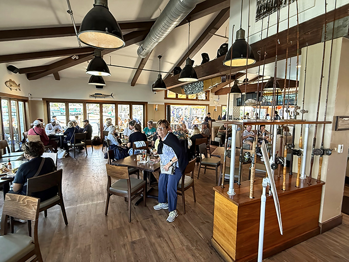 Wooden beams, natural light, and happy diners &ndash; the holy trinity of restaurant ambiance. This isn't just eating, it's a California coastal experience.