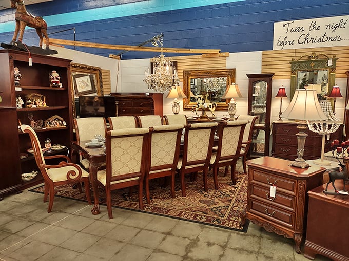 This dining room setup makes you wonder what fascinating dinner conversations happened around these tables.
