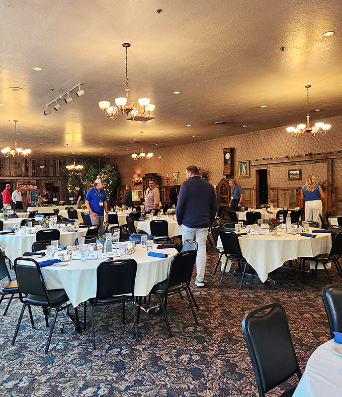 The banquet room stands ready for celebration, where white tablecloths and western elegance prove special occasions and cowboy culture aren't mutually exclusive.