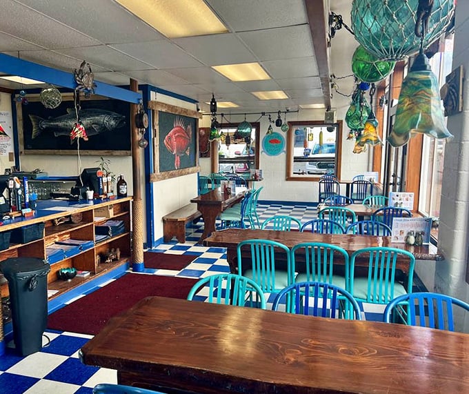 Another angle reveals more maritime charm &ndash; where jellyfish lamps and ocean art create the perfect seafood sanctuary.