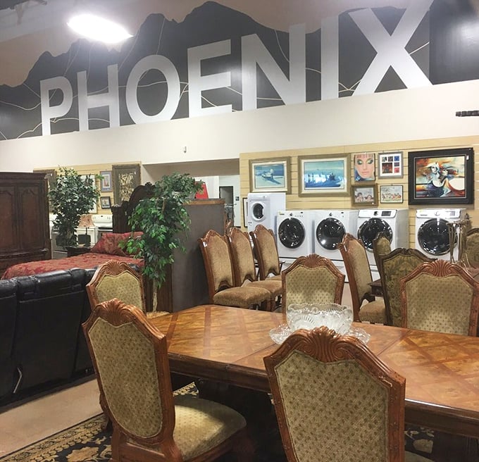 This elegant dining set sits beneath a "PHOENIX" sign, ready to host family dinners and create memories in its second life.