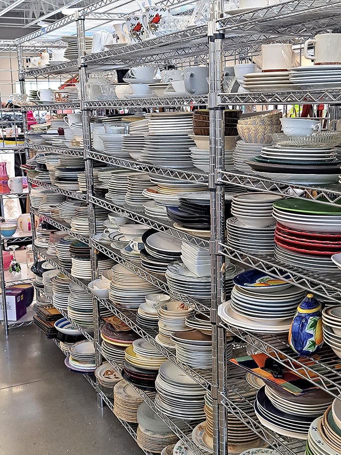 Plate paradise! Mismatched, vintage, and contemporary dinnerware stacked with possibility. Somewhere in these towers lies the perfect serving platter for your next potluck.