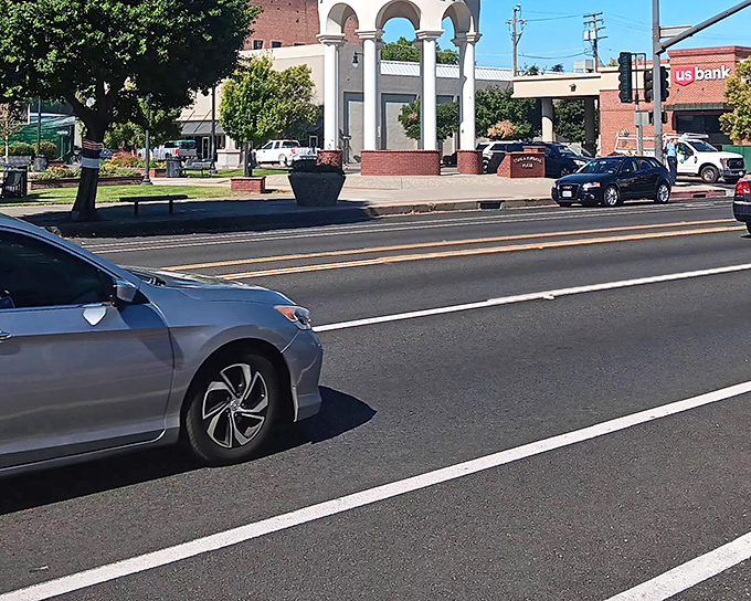 Downtown Red Bluff balances practical amenities like US Bank with architectural touches that remind you you're somewhere with actual character.
