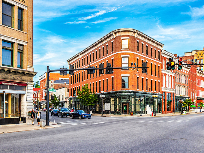 Corner buildings with character anchor Rutland's downtown, where traffic lights are merely suggestions and pedestrians still have the right of way.