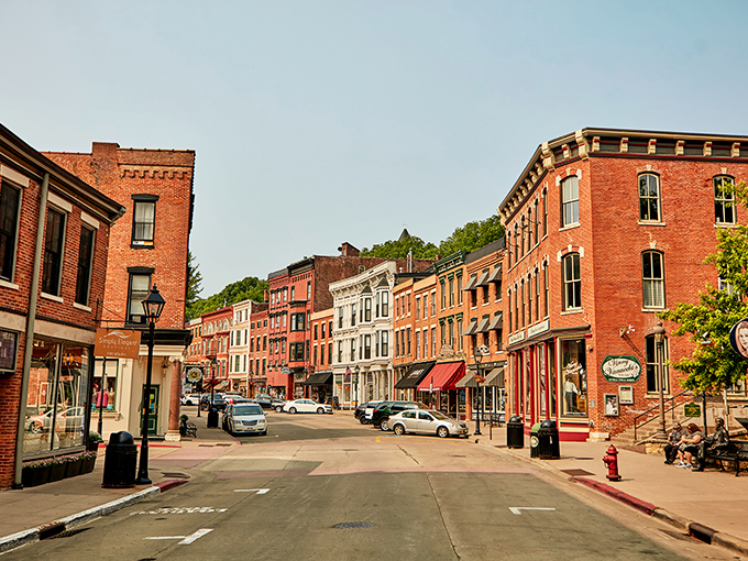 Downtown Galena's brick buildings cascade down hillsides like an architectural waterfall frozen in the nineteenth century.