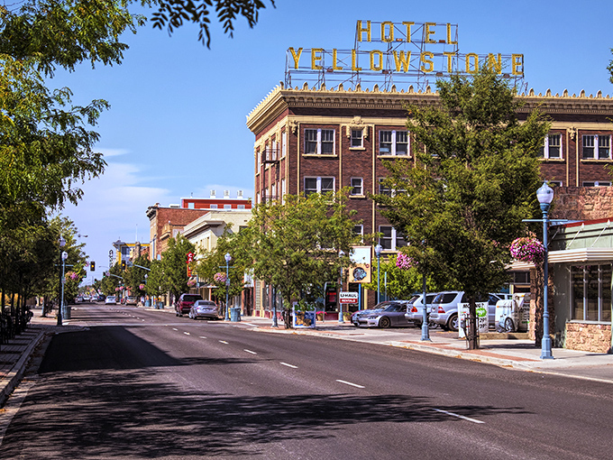 Another view of the historic Hotel Yellowstone anchors a downtown where hanging flower baskets and tree-lined streets create affordable small-town charm.