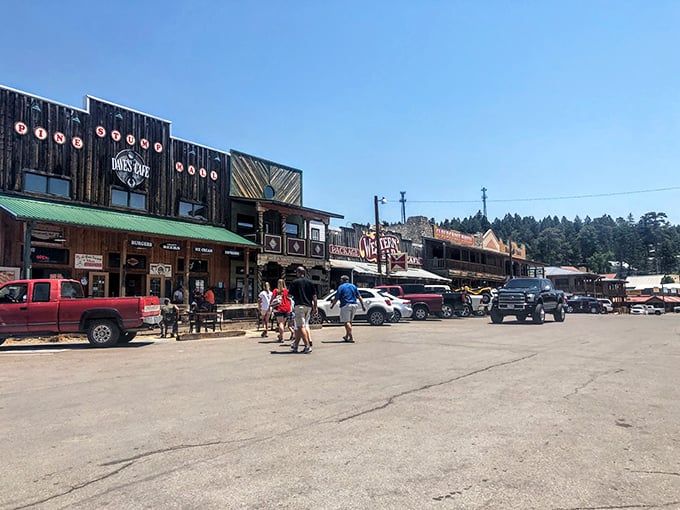 Dave's Cafe anchors the western-themed storefronts, where locals and tourists mingle over meals that taste even better with a side of mountain views.