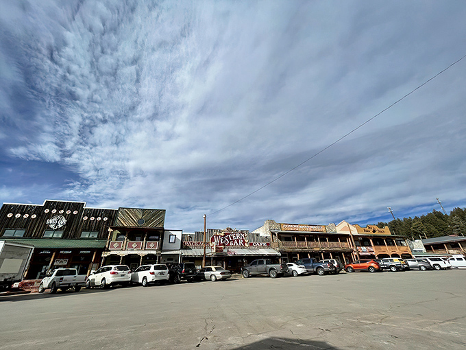Downtown Cloudcroft under dramatic skies looks like the movie set director ordered extra atmosphere. Western facades meet mountain town charm.