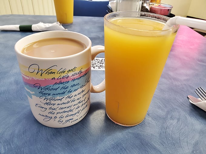 Coffee in a philosophical mug meets fresh orange juice &ndash; the breakfast power couple that's been getting humans through mornings since forever.