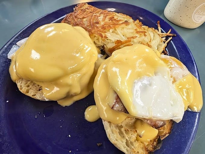 Eggs Benedict oozing hollandaise over perfectly toasted English muffins—brunch done right without the two-hour wait or attitude.