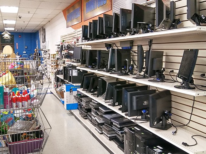 Electronics line the shelves like a tech museum where everything's actually for sale at reasonable prices.