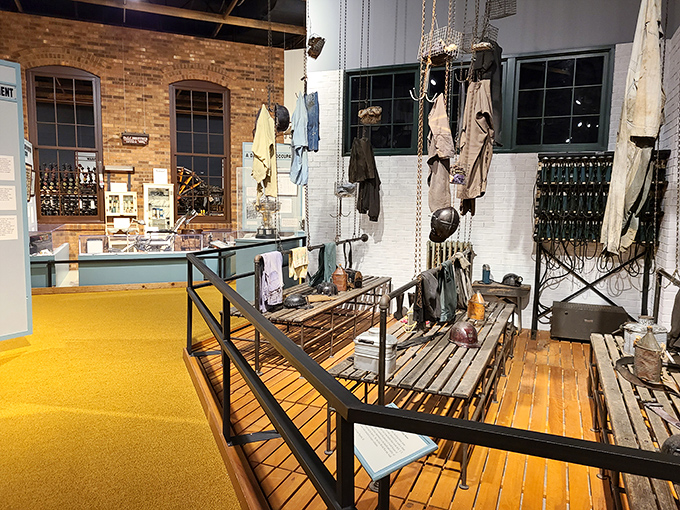 The museum's exhibits recreate the daily reality of mining life, right down to the clothes hanging ready for the next dangerous shift underground.