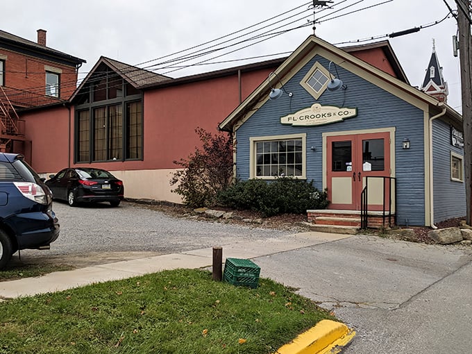 F.L. Crooks & Co. brings a splash of blue charm to Clarion's streetscape, inviting curious shoppers into its quaint storefront.