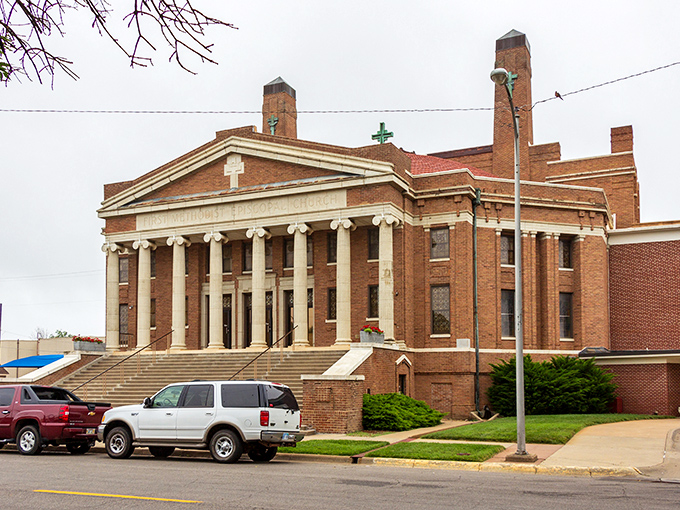 The stately First Methodist Episcopal Church stands as a testament to Salina's spiritual heritage and architectural ambition.