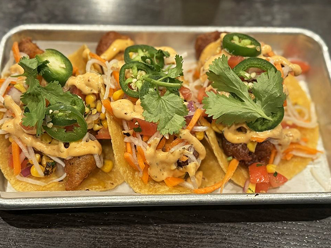 Fish tacos that bring a splash of color to your meal. Each bite delivers a perfect balance of crunch, spice, and California freshness.