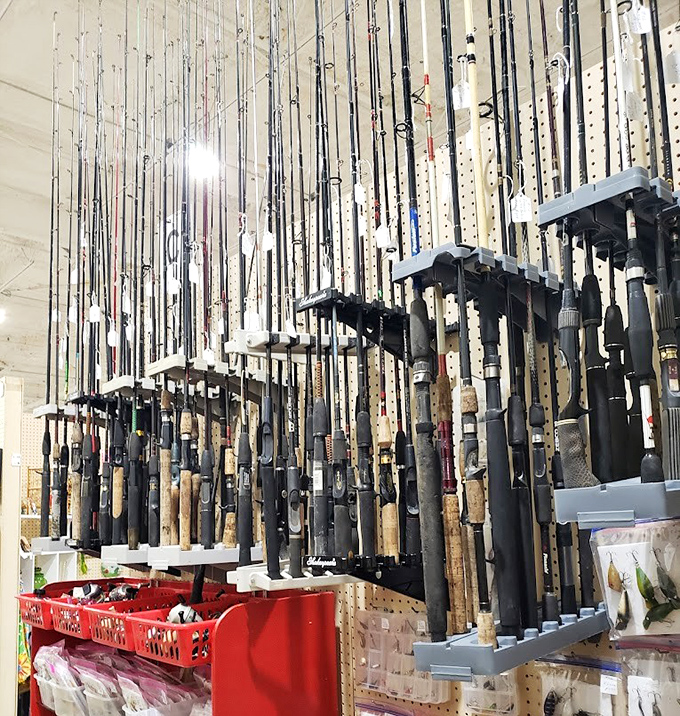 The fishing rod wall—where anglers come to reminisce about "the one that got away" and find the perfect tool for next time.