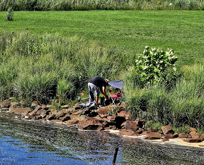 Fishing at the park's edge&mdash;where patience isn't just a virtue, it's the admission price. Some of life's best thoughts arrive while waiting for a nibble.