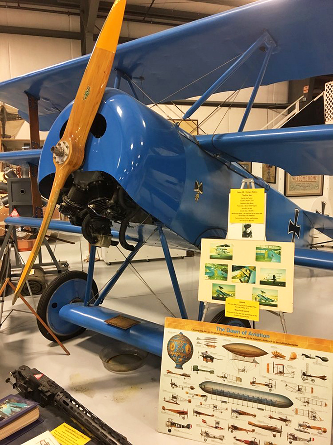 This blue Fokker Triplane would make the Red Baron jealous. With its wooden propeller and fabric skin, it's a reminder that early aviators were part daredevil, part madman.