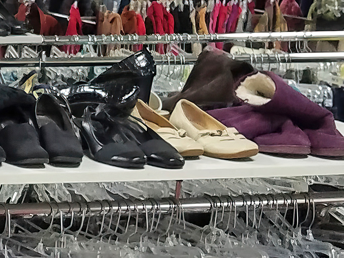 The footwear lineup—from practical flats to statement heels—all patiently waiting for their Cinderella moment. Those purple boots have stories to tell.