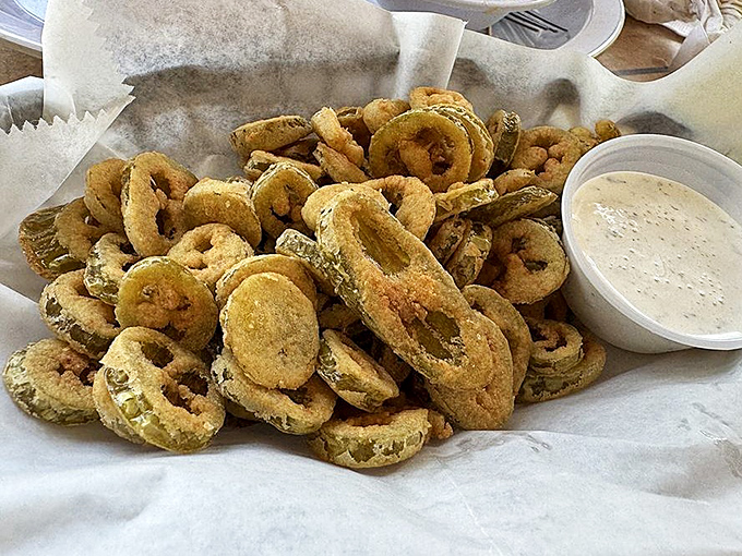 Fried jalape&ntilde;os that deliver a one-two punch of crunch and heat. The dipping sauce is there for moral support.