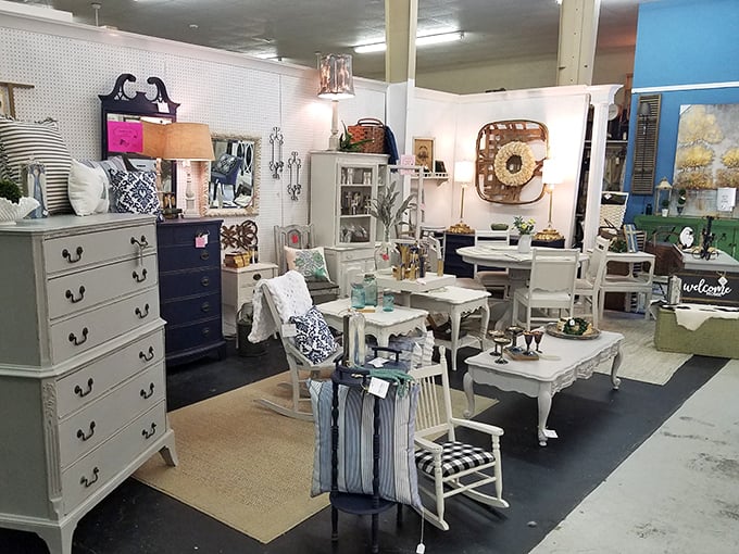 Shabby chic meets elegant simplicity in this furniture display – proving that white paint transforms yesterday's castoffs into today's design statements.