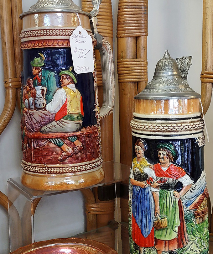 German beer steins that have held more stories than beer. Each painted scene a tiny window into celebrations long past.