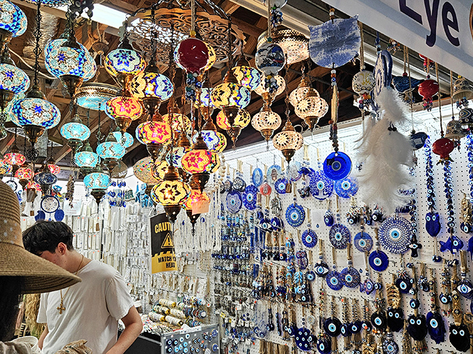 Hanging gardens of glass and color! These intricate lanterns and evil eye talismans create a magical canopy that's impossible to pass without stopping.