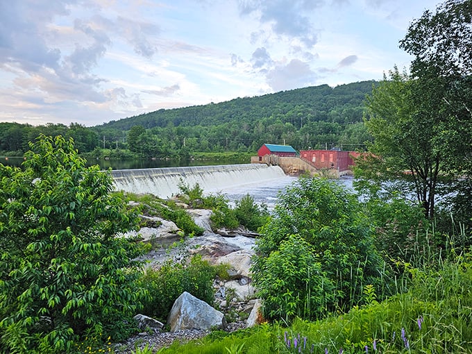 The Androscoggin River flows peacefully now, having survived its industrial past to become affordable waterfront property for regular folks.