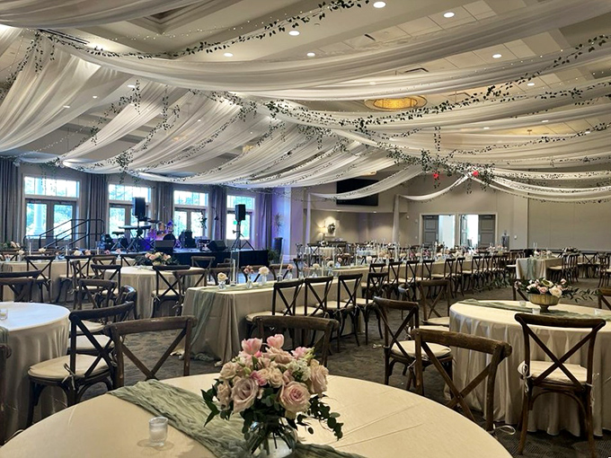 The Grand Hall transforms from garden centerpiece to elegant event space. Where else can you dance under chandeliers while technically still being outdoors?