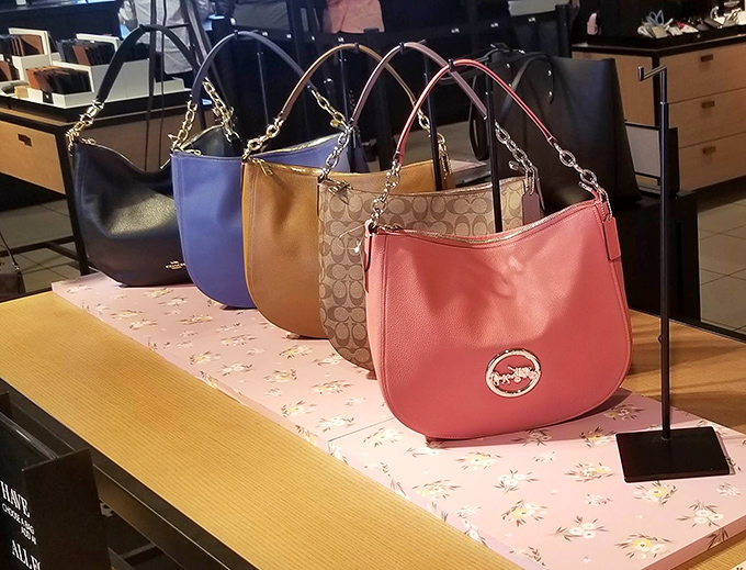 Coach handbags lined up like beauty pageant contestants, each one whispering, "I'm an investment piece" to justify your splurge.