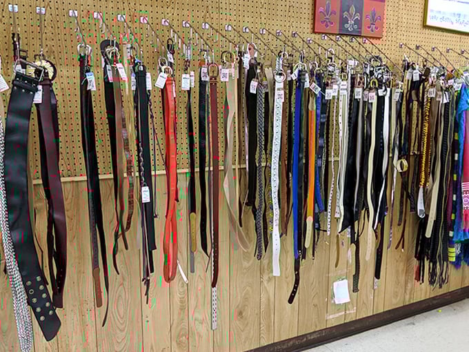 The belt display&mdash;a leather rainbow offering both practical waist management and statement pieces for the fashion-forward thrifter.