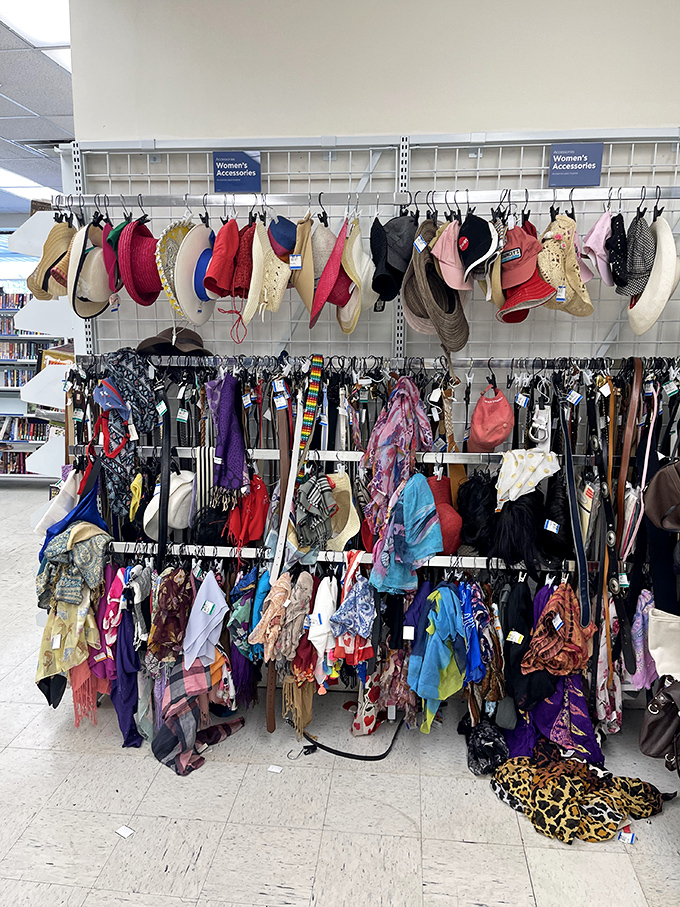 The accessories corner &ndash; where forgotten sun hats and colorful scarves await their second act. Fashion repeats itself; Value Village remembers.
